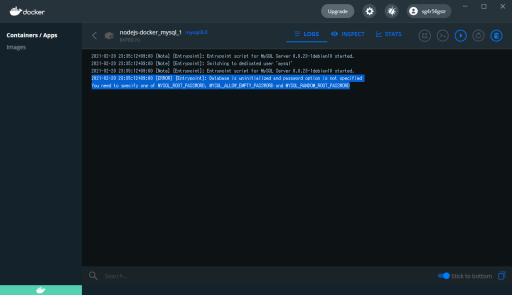 【docker Compose】mysqlコンテナを作ろうとしたら→ Database Is Uninitialized And Password Option Is Not Specifiedエラー